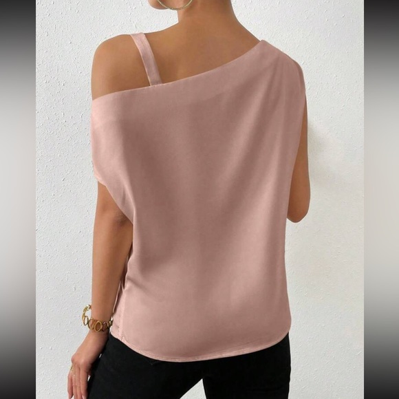 Tops | Ruched Baby Pink Asymmetrical Neck Chain Strap Blouse | Poshmark